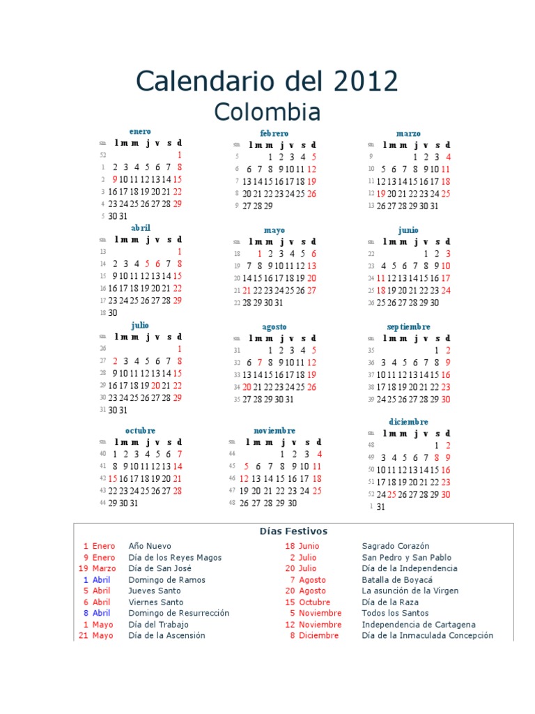 Calendario 2012 con Festivos Colombia | PDF