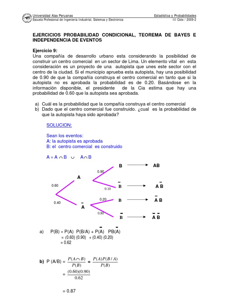 Ejercicios Probabilidad Condicional Teorema de Bayes e in Depend en CIA de Eventos | PDF ...