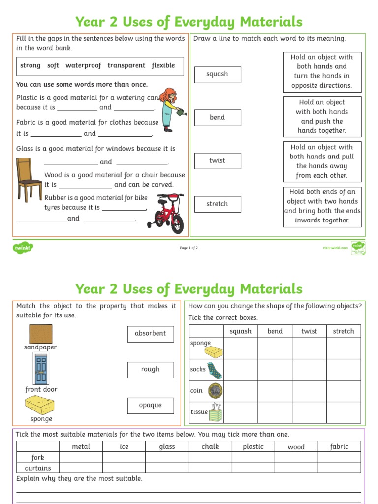 Year 2 Everyday Materials Revision Activity Mat | PDF | Curtain | Glasses