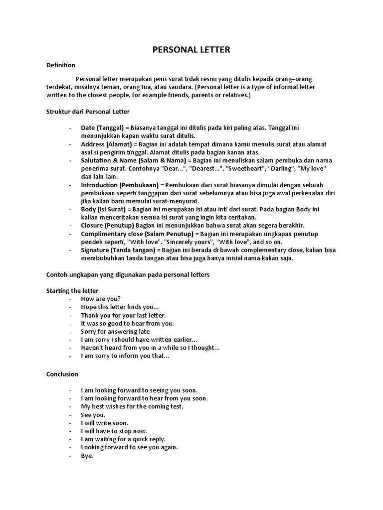 Struktur dan Contoh Personal Letter | PDF