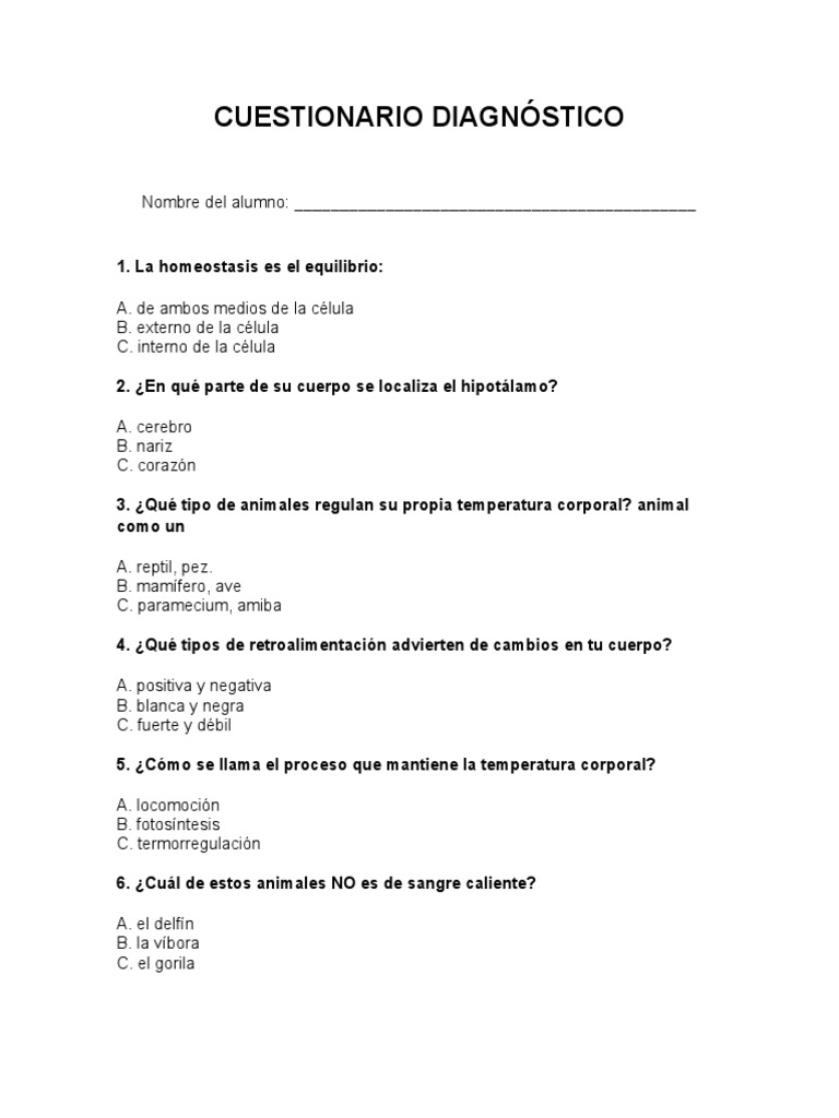Cuestionario Diagnostico Homeostasis | PDF