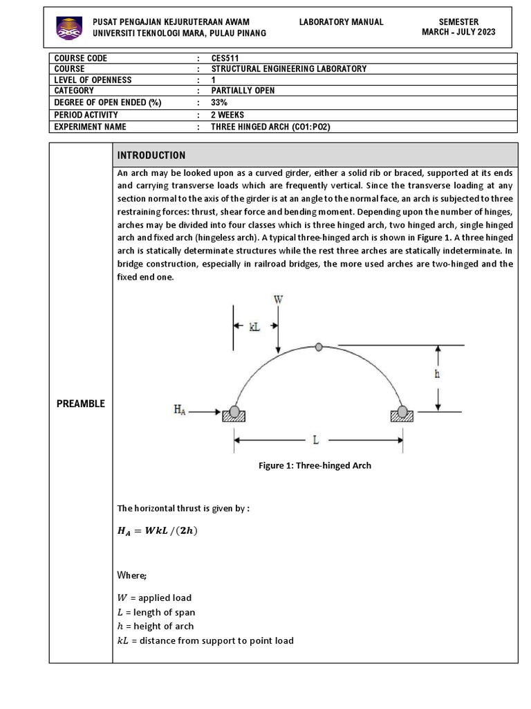 L03 - Three Hinged Arch - Lab Sheet - MAR23 | PDF | Civil Engineering