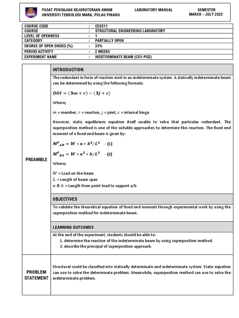 L05 - Indeterminate Beam - Lab Sheet - MAR23 | PDF