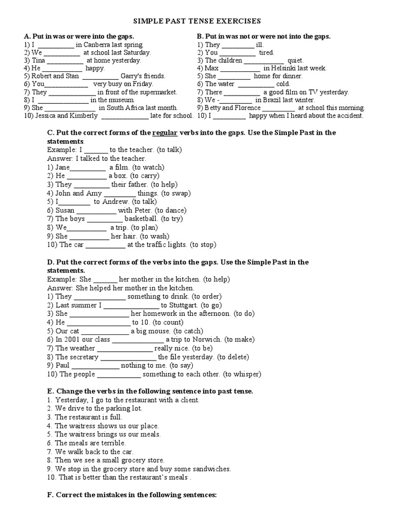 Simple Past Tense Exercises Worksheet | PDF | Language Arts ...