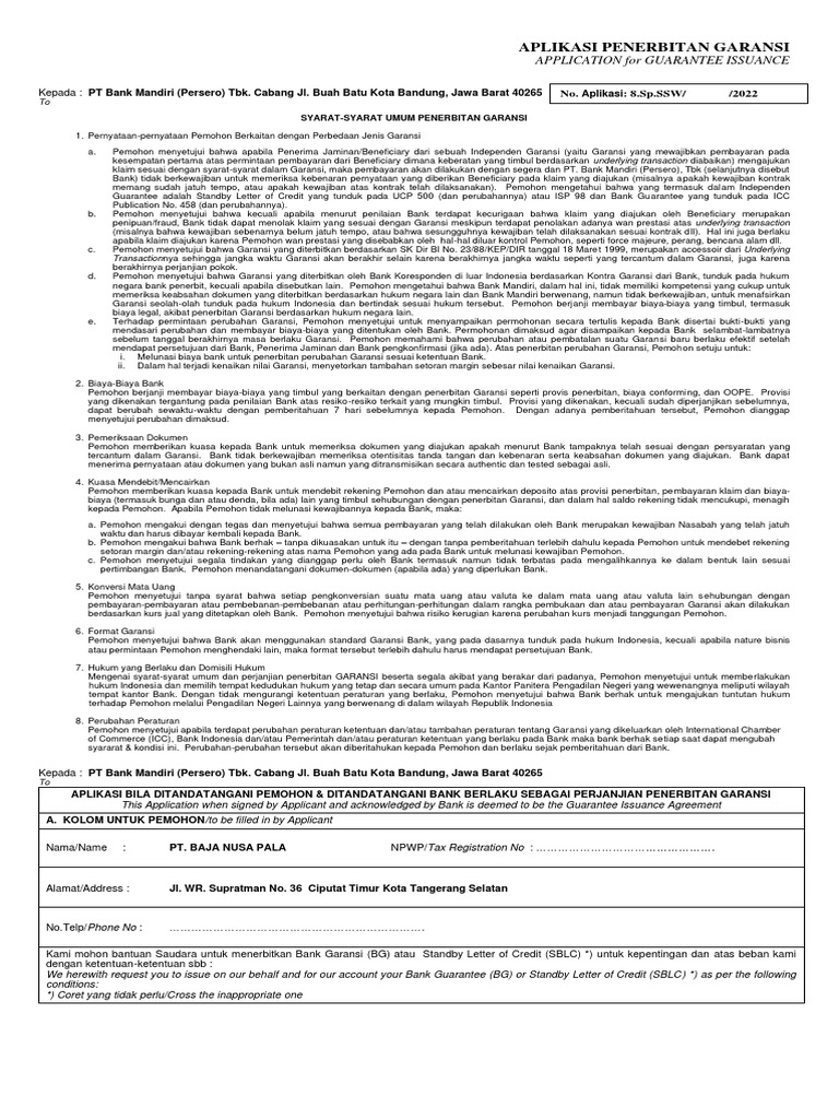 Form-Garansi-Bank-Mandiri Untuk Refisi | PDF | Pengelolaan Keuangan & Uang