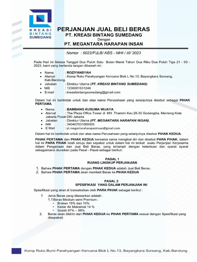 DRAFT KONTRAK JUALBELI BERA KBS - Megantara Jadi 2 | PDF