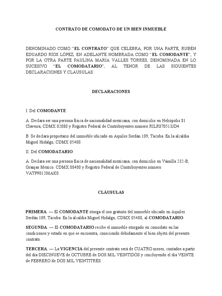 Ejemplo de Contrato de Comodato en Word | PDF