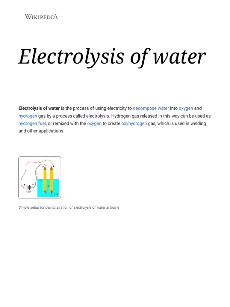 Electrolysis of Water - Wikipedia | PDF | Electrolyte | Electrochemistry