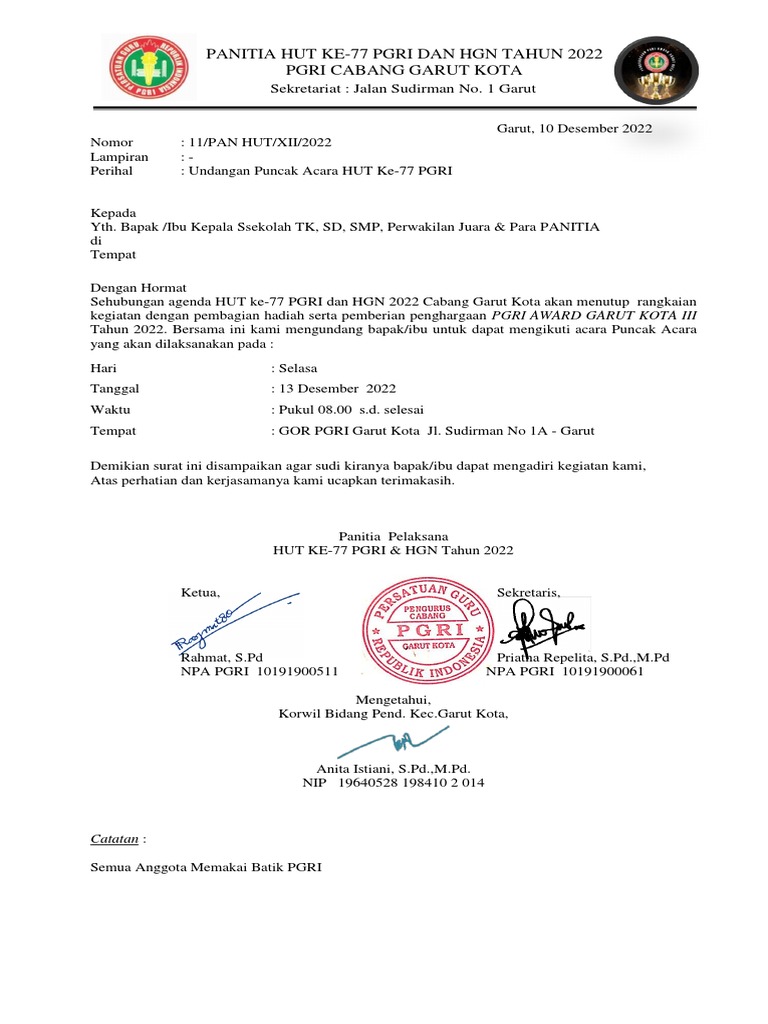 Surat Undangan HUT PGRI KS, Juara dan Panitia TAHUN 2022 | PDF