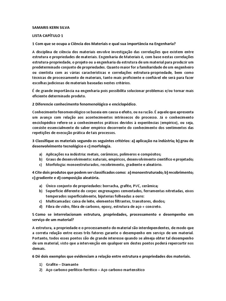 Lista1 Ciencia Dos Materiais Pdf Ciência De Materiais Estrutura