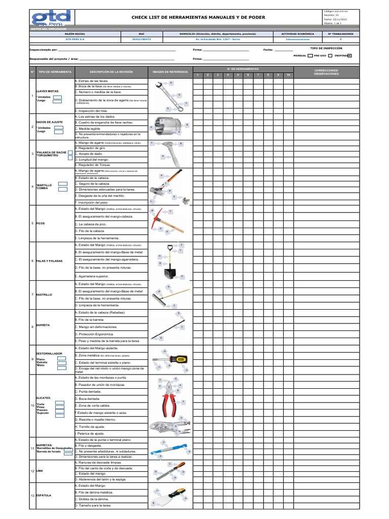 F-SGS-GTD-021-Check List Pre Uso Herramientas Manuales y de Poder | PDF | Bienes manufacturados ...