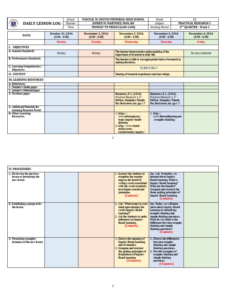 Practical Research 1 DLL Week 1 | PDF | Inquiry Based Learning | Thought