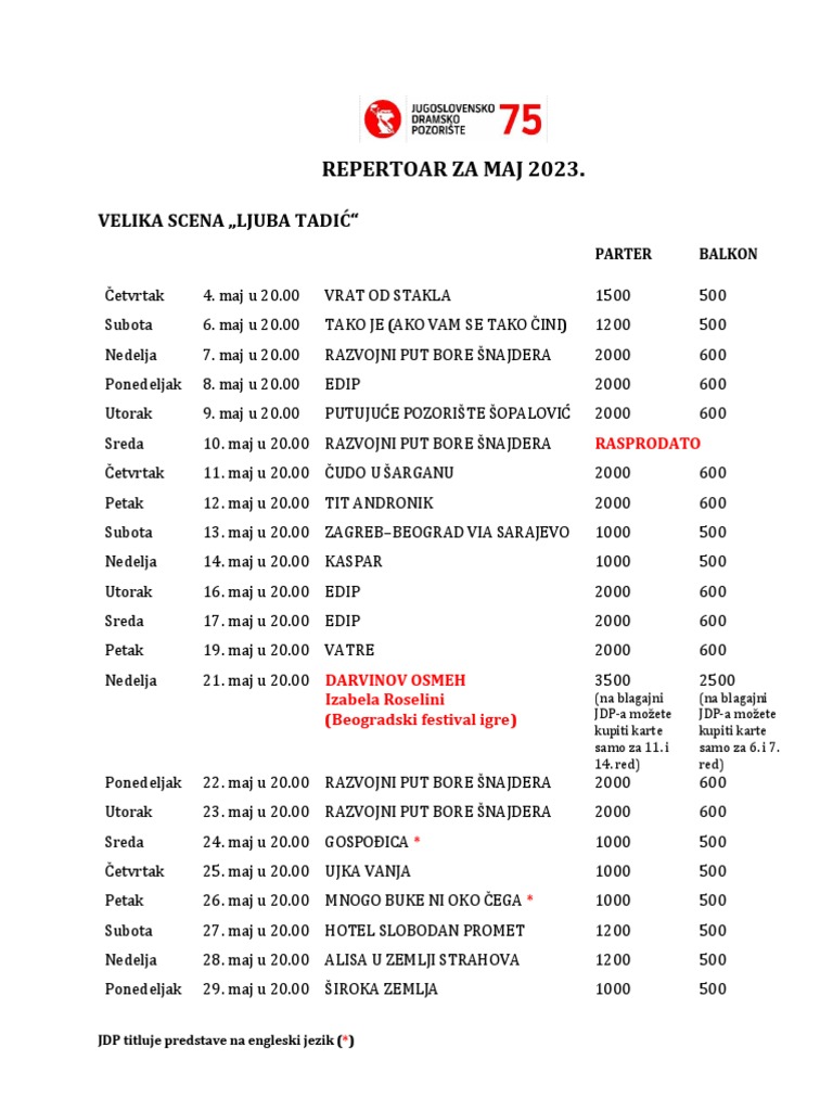 Repertoar Za Maj 2023.: Velika Scena Ljuba Tadić" | PDF