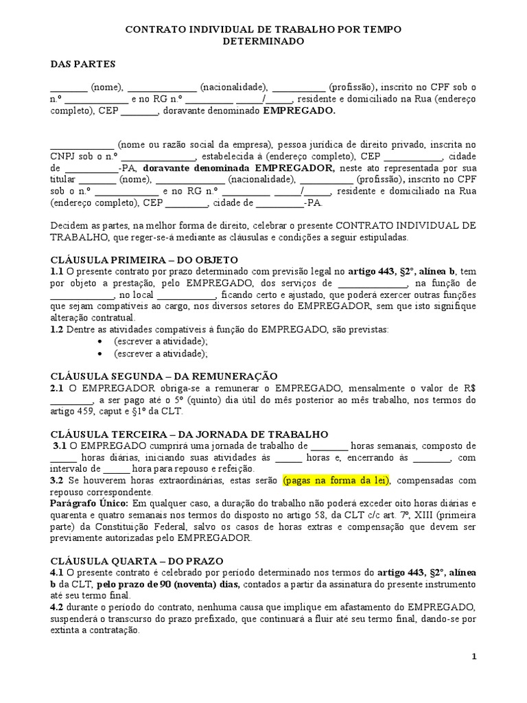 Contrato Individual de Trabalho Por Tempo Determinado - Modelo | PDF | Expediente | Business