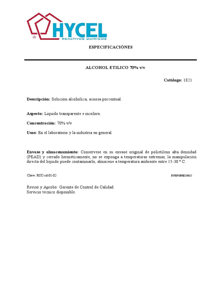 Especificaciones-Alcohol etílico 70% vv-E1821-Hycel | PDF