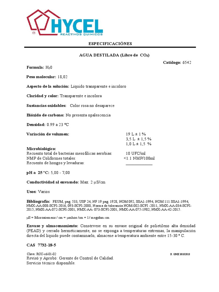 Especificaciones-Agua Destilada - Libre de CO2 - E6542-Hycel | PDF