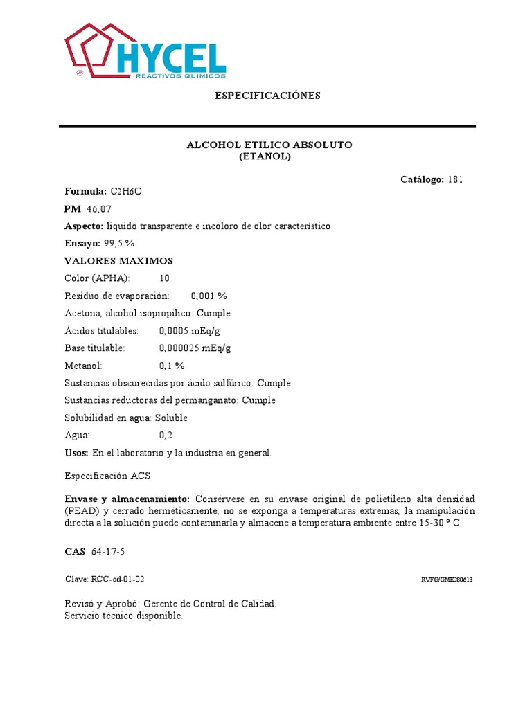 Especificaciones-Alcohol Etílico Absoluto - Etanol - E181-Hycel | PDF