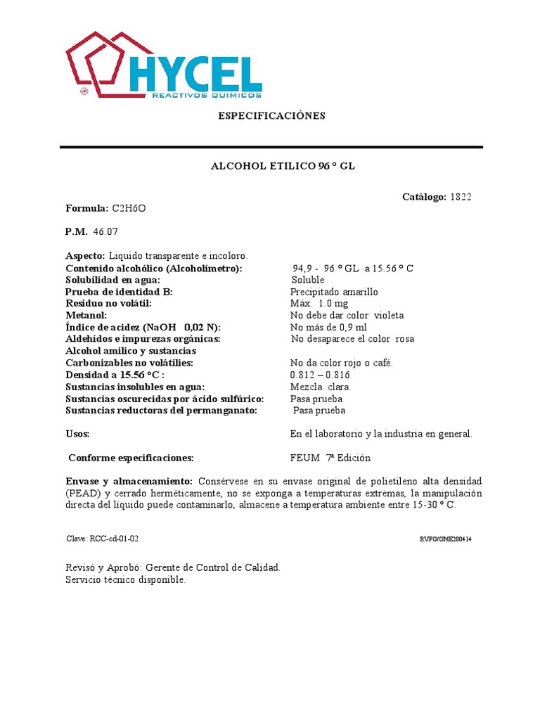 Especificaciones-Alcohol etílico 96 °GL-E1822-Hycel | PDF
