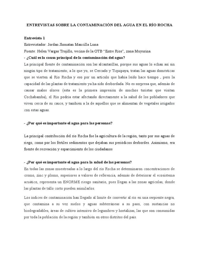 Entrevistas Sobre La Contaminación Del Agua en El Río Rocha | PDF ...