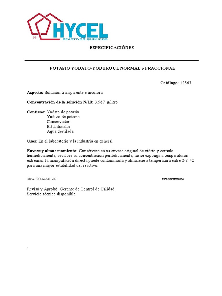 Especificaciones-Potasio Yodato-Yoduro 0,1 Normal o fraccional-E12863 ...