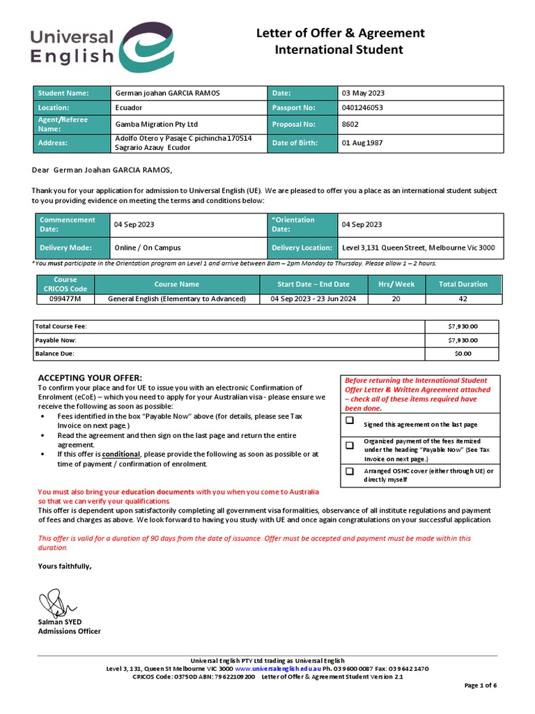 International Student Offer Letter | PDF | Banks | Fee