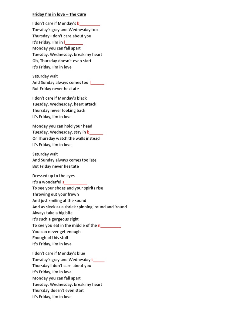 Friday I'm in Love Lyrics | PDF | Música grabada