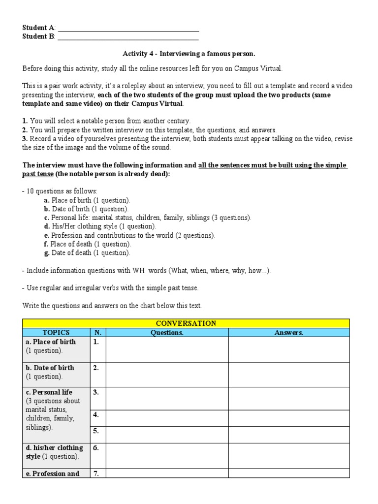 Famous Person Interview Worksheet | PDF | Language Arts & Discipline