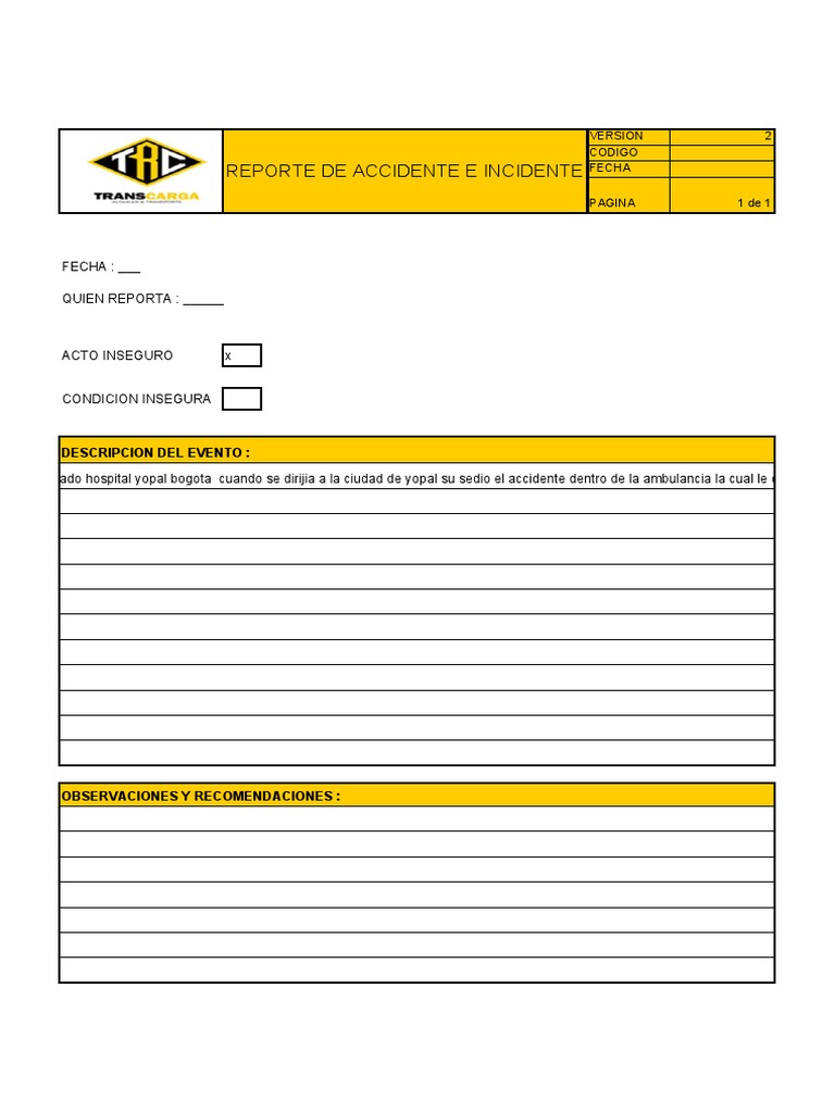 Formato de Reporte de Incidente y Accidentemm | PDF