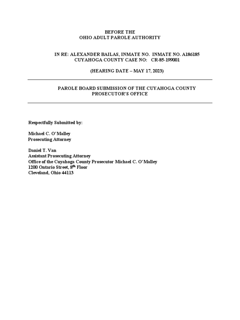 Cuyahoga County Prosecutor's Office Letter To Ohio Parole Board | PDF ...