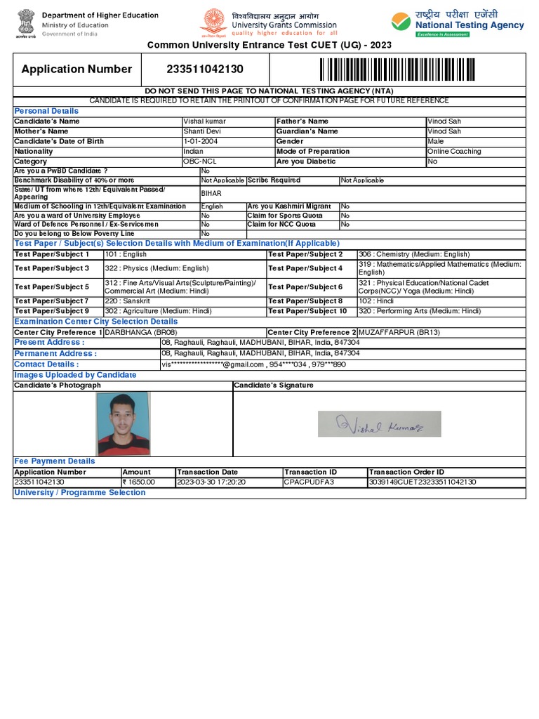 CUETApplicationForm 233511042130 | PDF | Engineering | Science
