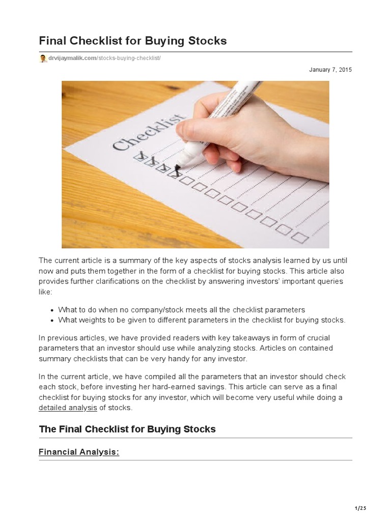Final Checklist For Buying Stocks | PDF | Investing | Price–Earnings Ratio