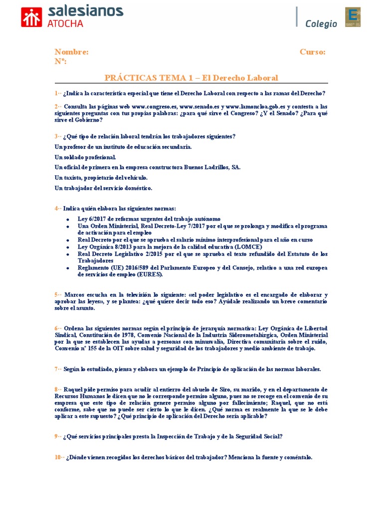 PRÃ CTICAS TEMA 1 - EL DERECHO LABORAL - Nombre Del Alumno | Descargar gratis PDF | Derecho ...