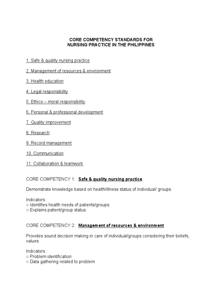 Philippine Nursing Competency Standards | PDF | Nursing | Patient