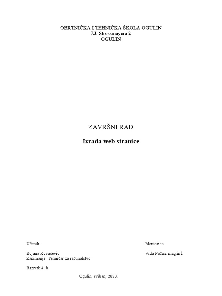 Završni Rad, Izrada Web Stranice - Bojana Kovačević | PDF