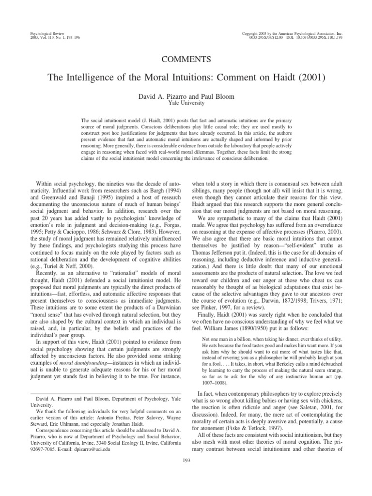 The Intelligence of The Moral Intuitions: Comment On Haidt (2001) | PDF ...