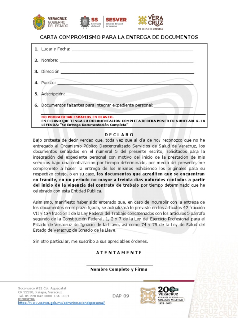 DAP-09 Carta Compromiso para Entrega de Documentos | PDF | Gobierno