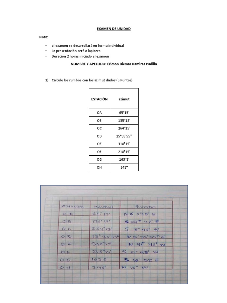 Examen de Cálculo de Azimuts y Rumbos | PDF