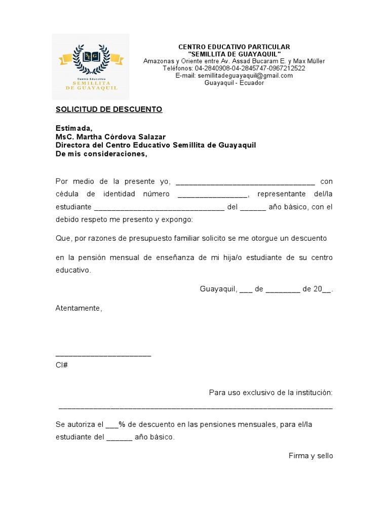 Solicitud de Descuento Escolar Semillita | PDF