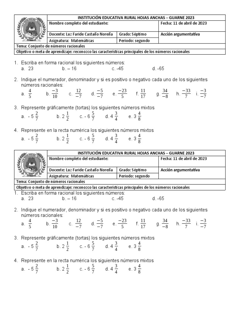 Taller Números Racionales. Septimo | PDF | Matemáticas | Matemática ...