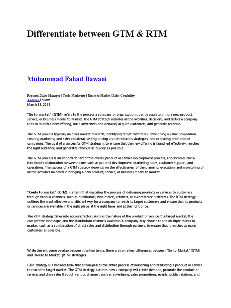 Differentiate Between GTM | PDF | Marketing | Sales
