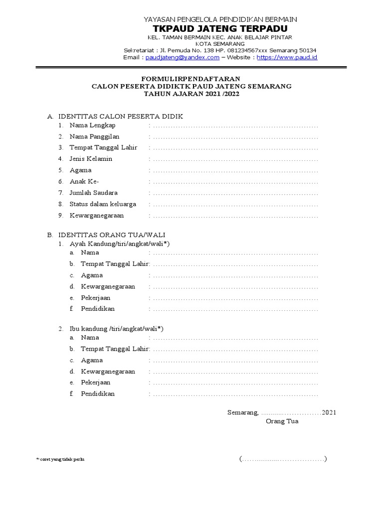 Formulir Pendaftaran PAUD Jateng | PDF