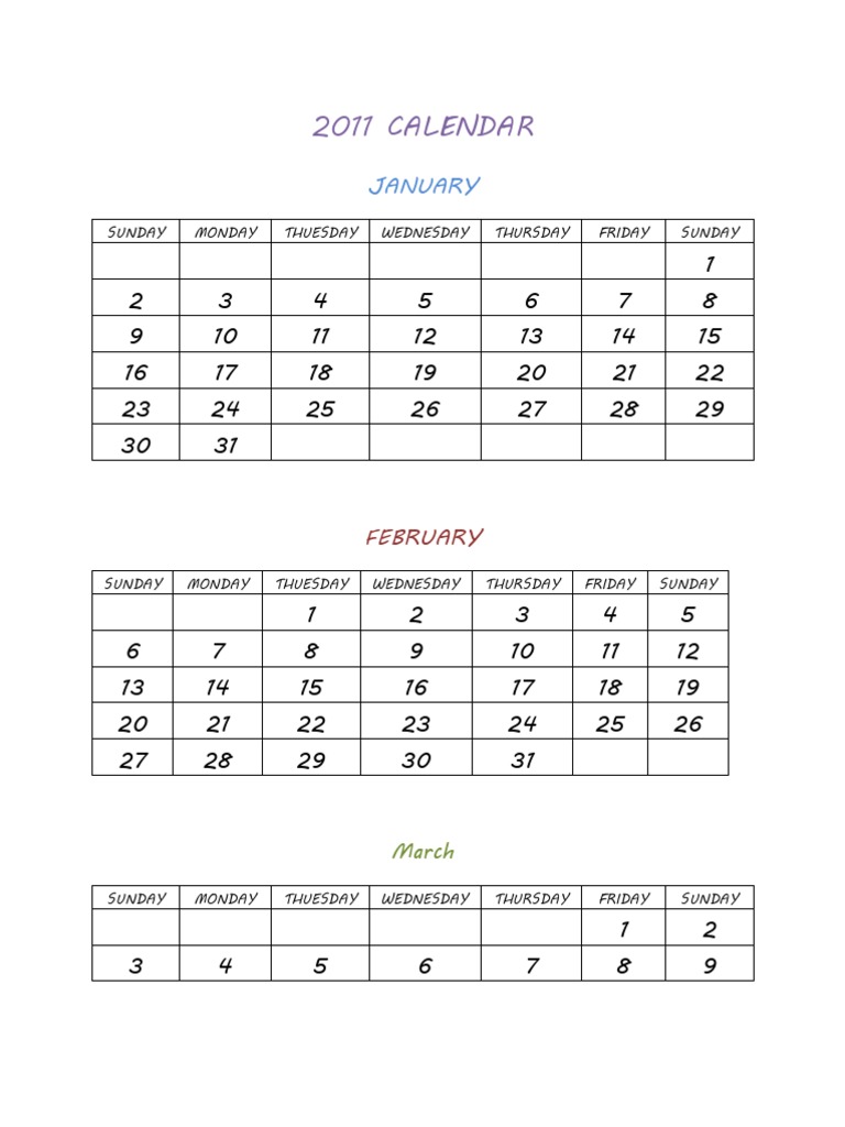2011 Monthly Calendar Overview | PDF