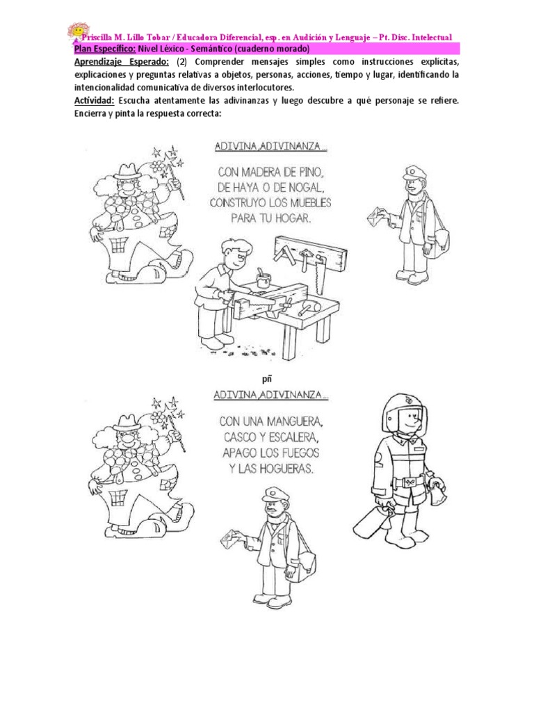 Plan Específico - Adivinanzas Profesiones y Oficios | PDF