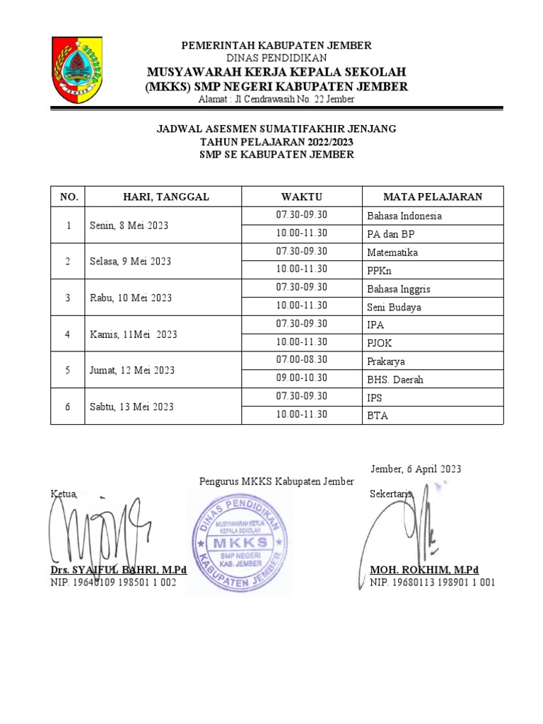 Jadwal Asesmen Sumatif Akhir Jenjang 2023 | PDF