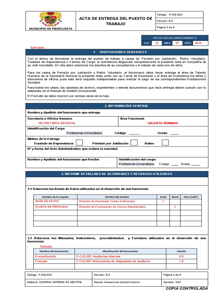 f-cig-023-acta-de-entrega-del-puesto-de-trabajo | PDF | Jubilación ...