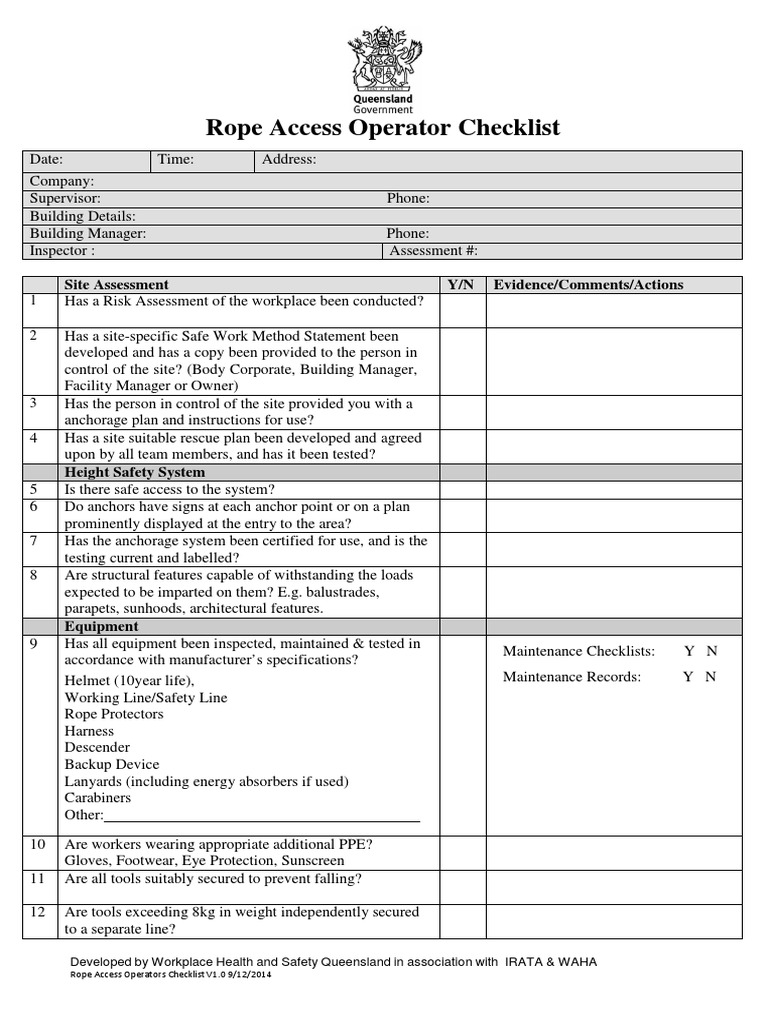 Rope Access Operator Safety Checklist | PDF | Rope | Occupational ...