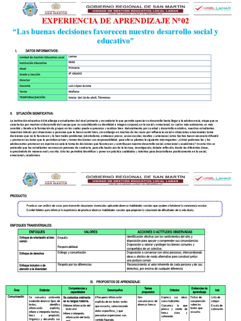 Experiencia de Aprendizaje N°2 Cuarto Grado | PDF | Números | Aprendizaje