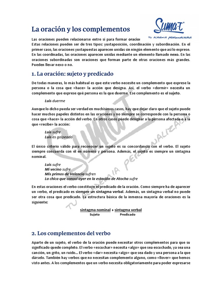 La Oración y Los Complementos | PDF | Adverbio | Asunto (gramática)