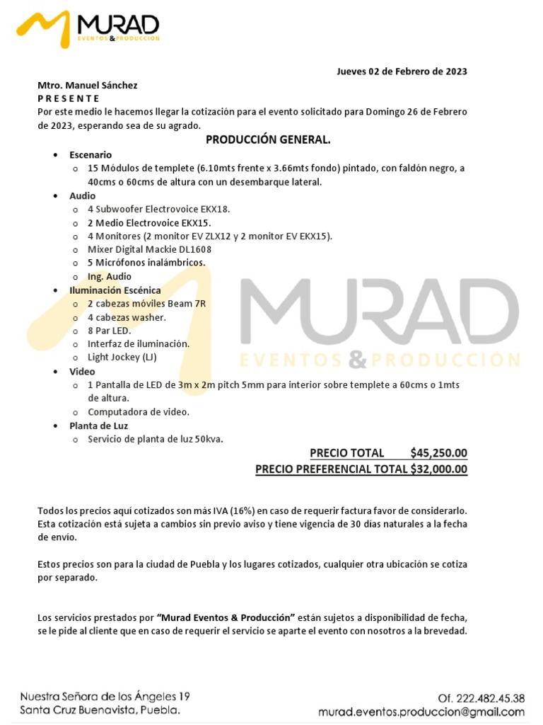 Ejemplo de Cotización Audio e Iluminación | PDF