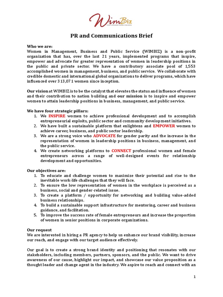 WIMBIZ PR Agency Proposal Brief | PDF | Career & Growth | Finance ...